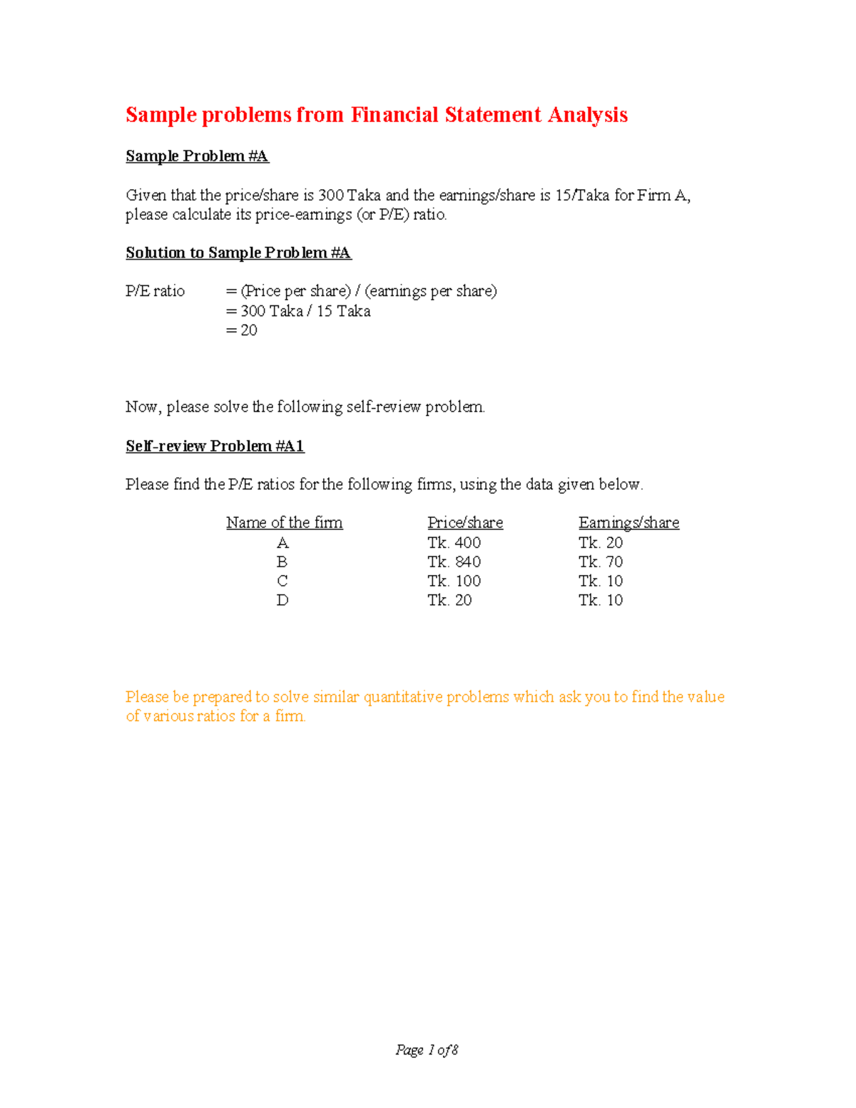 FIN 254 - Financial statement analysis (sample problems) - Sample ...