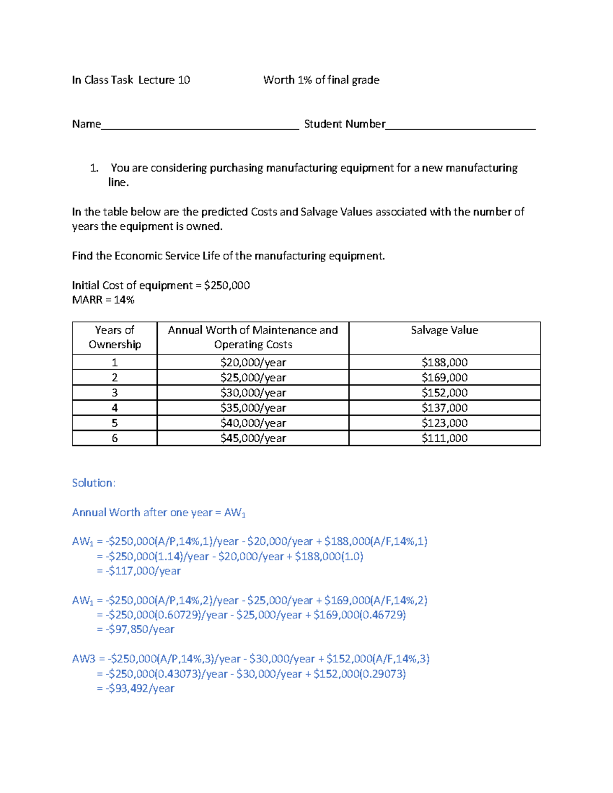 In Class Task Lecture 10 With Solutions - In Class Task Lecture 10 Worth 1% of final grade - Studocu