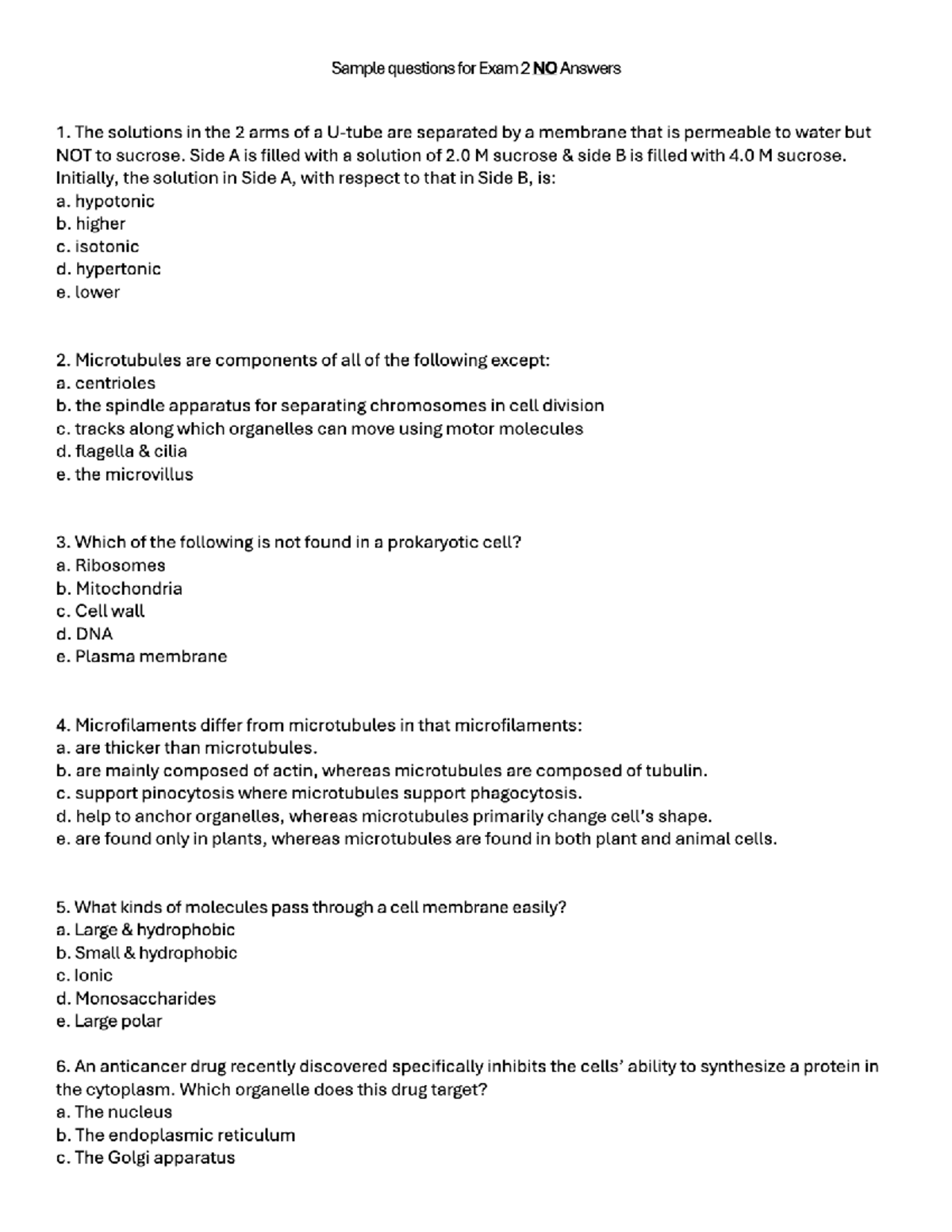 Practice Questions for Exam 2 - Sample questions for Exam 2 NO Answers ...