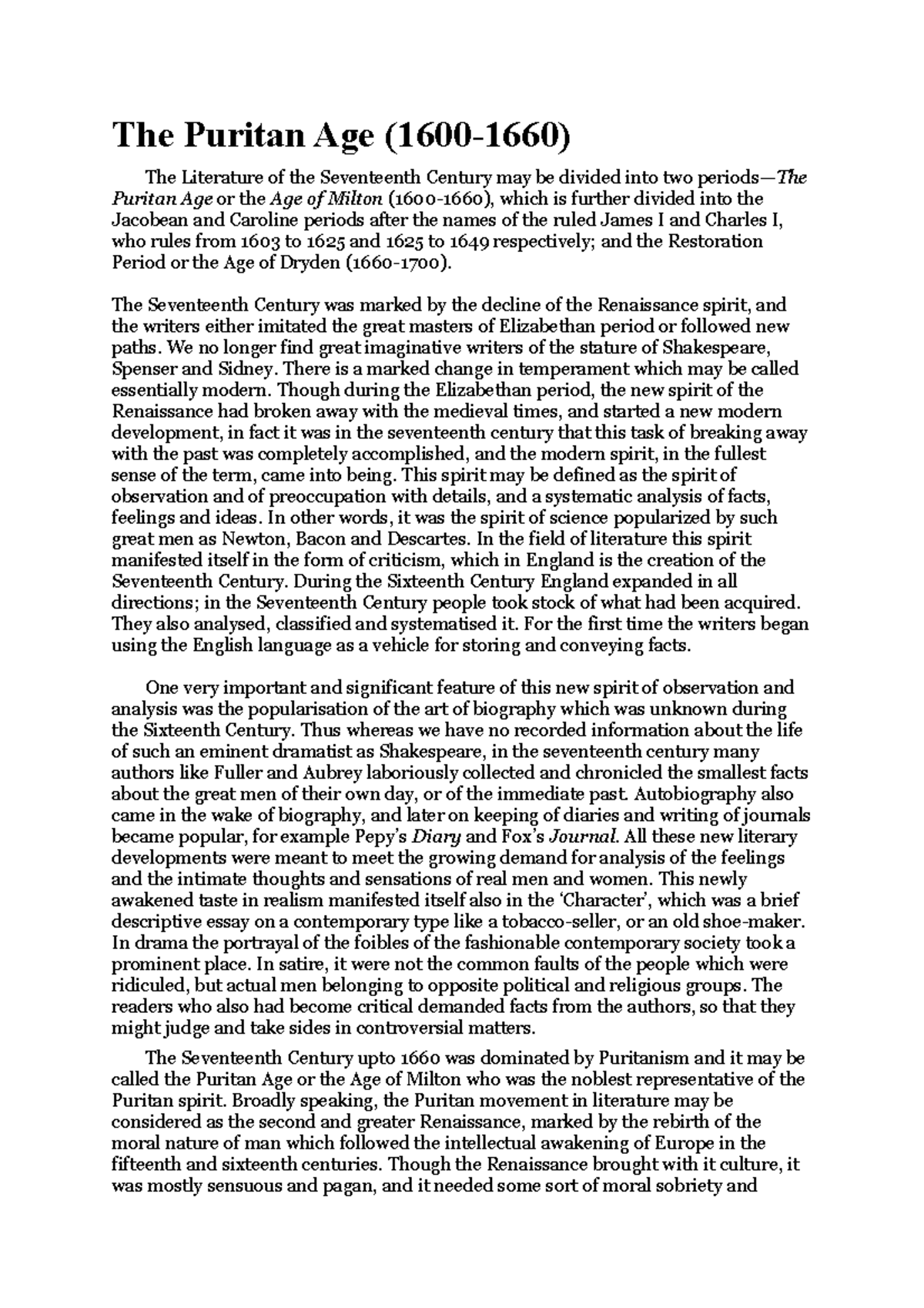 The Puritan Age - The Seventeenth Century was marked by the decline of ...