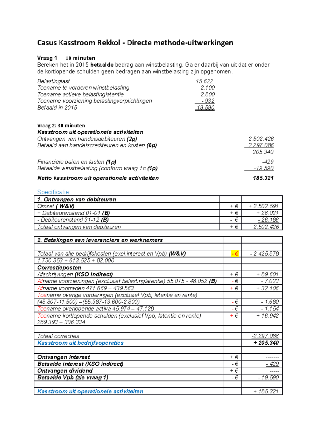 Casus Kasstroom Rekkol - Directe methode Uitwerking - Casus Kasstroom ...