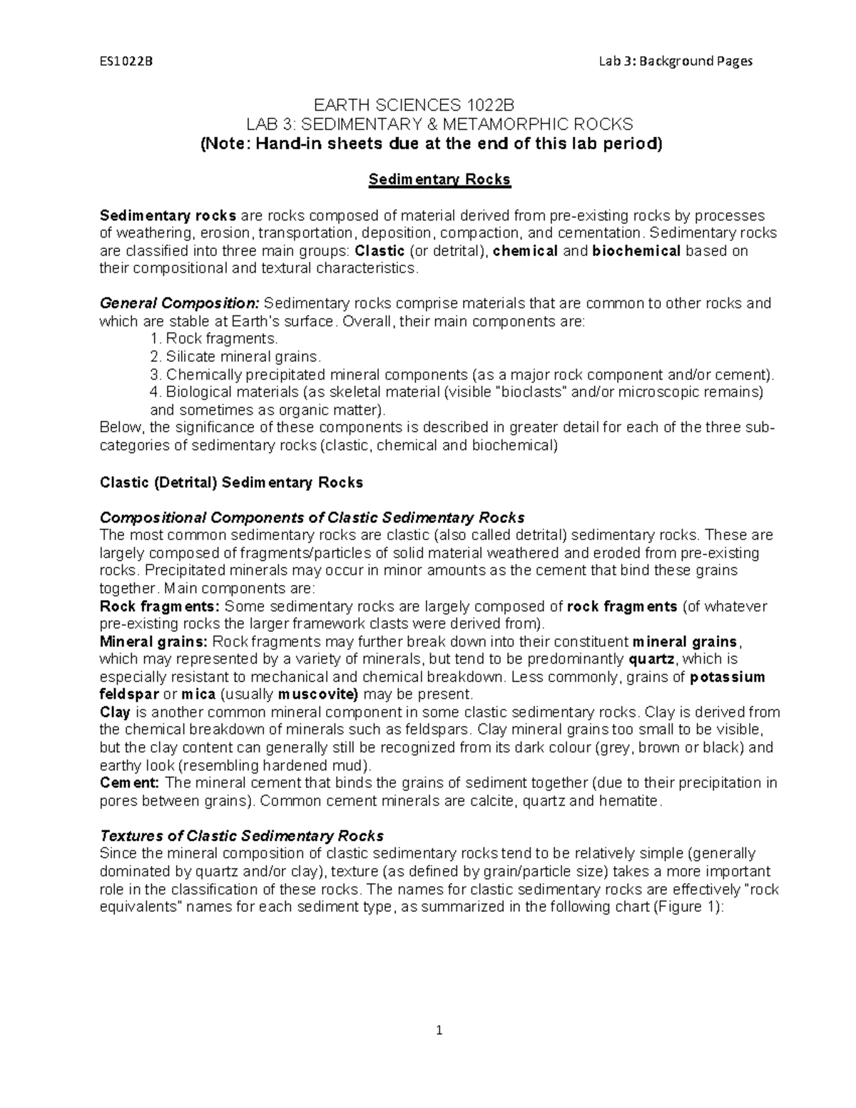 ES 1022 B lab3 sedandmetrocks student 2024 - EARTH SCIENCES 1022B LAB 3 ...