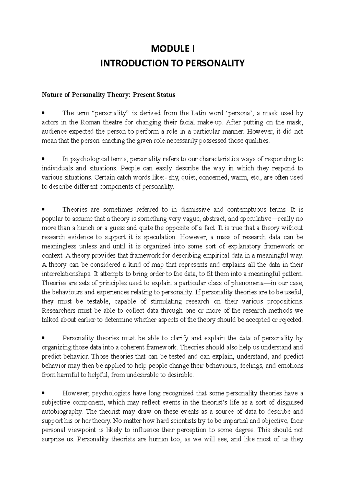 Personality Module I - Asa - MODULE I INTRODUCTION TO PERSONALITY ...
