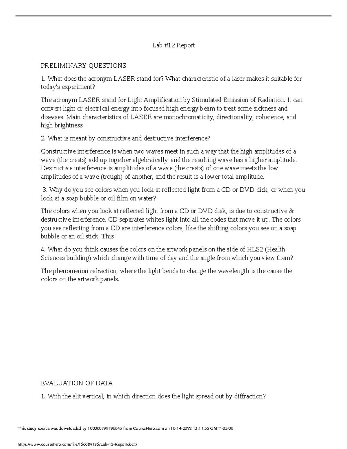 Lab 12 Report N a Lab 12 Report PRELIMINARY QUESTIONS What Does