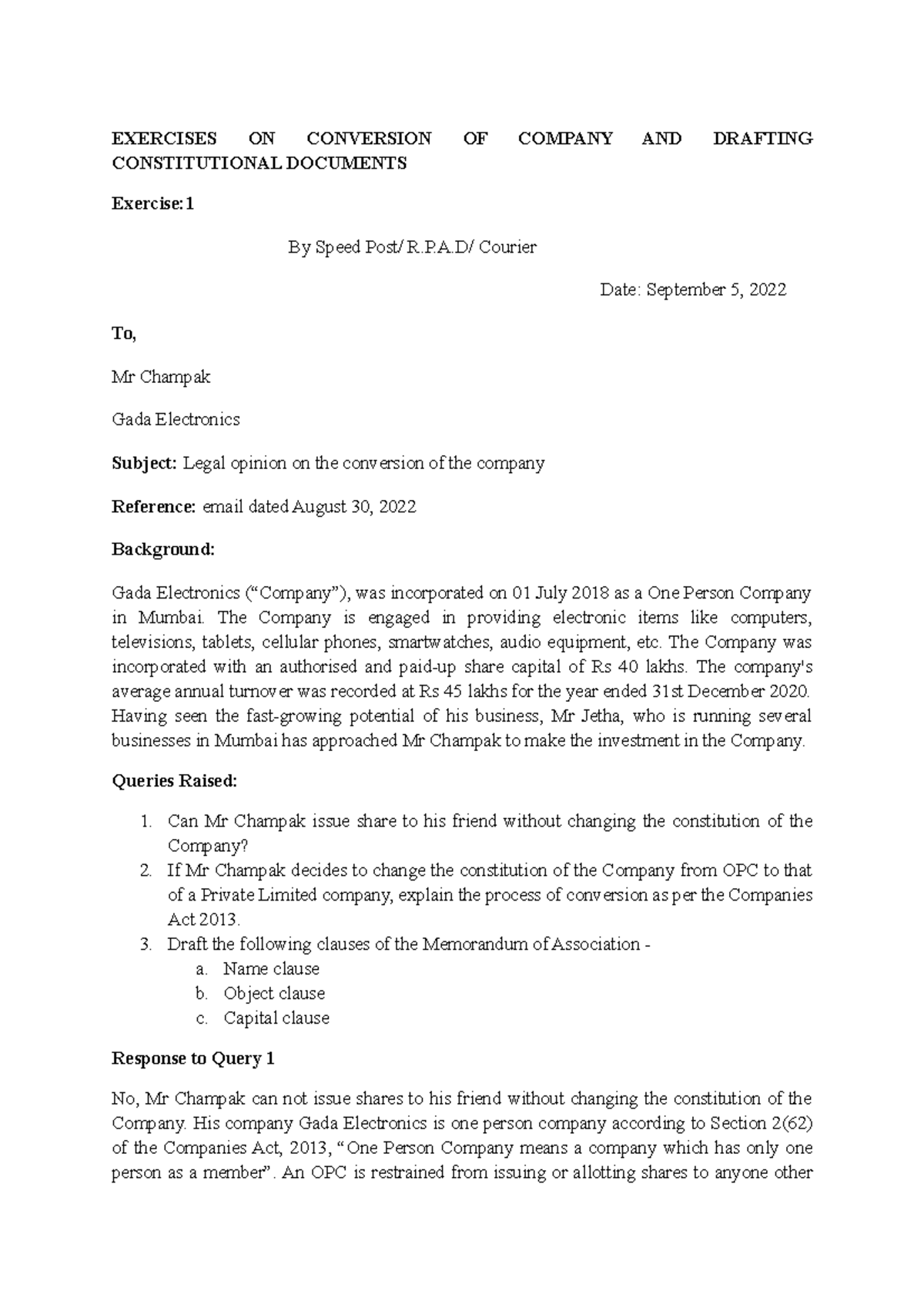 Conversion of Company and Drafting Constitutional Documents - EXERCISES ...