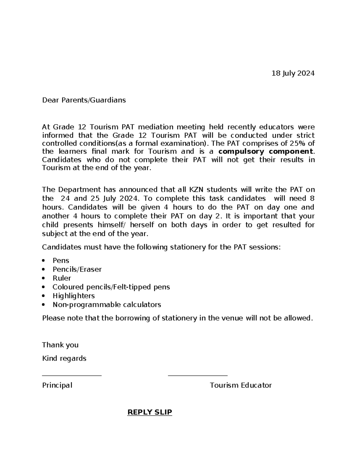 Tourism PAT Letter August 2021 - 18 July 2024 Dear Parents/Guardians At ...