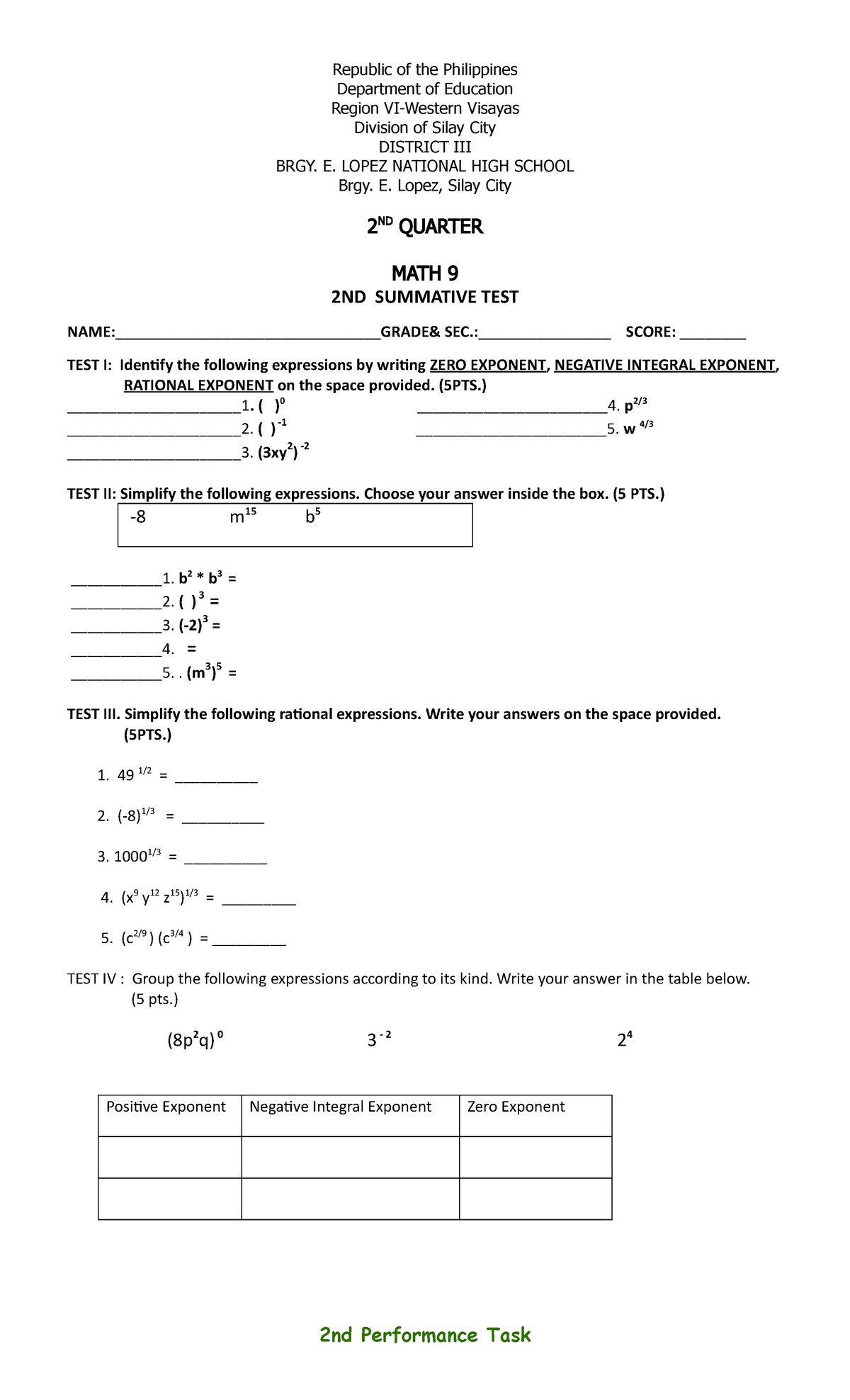 2ND quarter 2nd Summative TEST AND PT - Republic of the Philippines ...