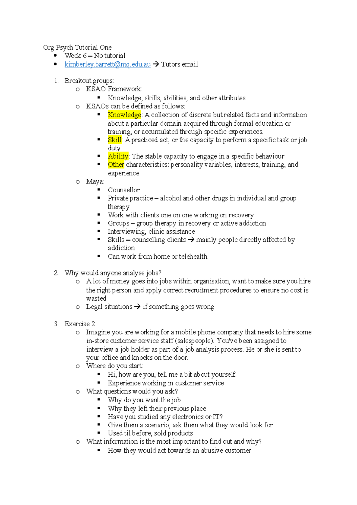 Org Psych Tutorial One - edu Tutors email 1. Breakout groups: o KSAO ...