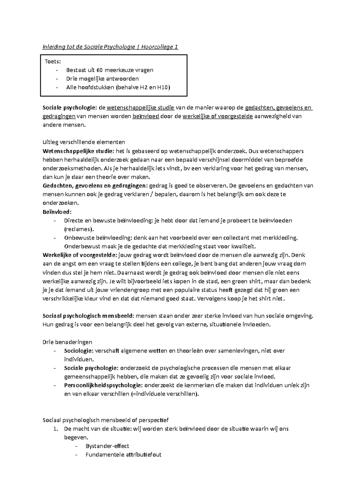 Hoorcollege Aantekeningen Sociale Psychologie Inleiding Tot De