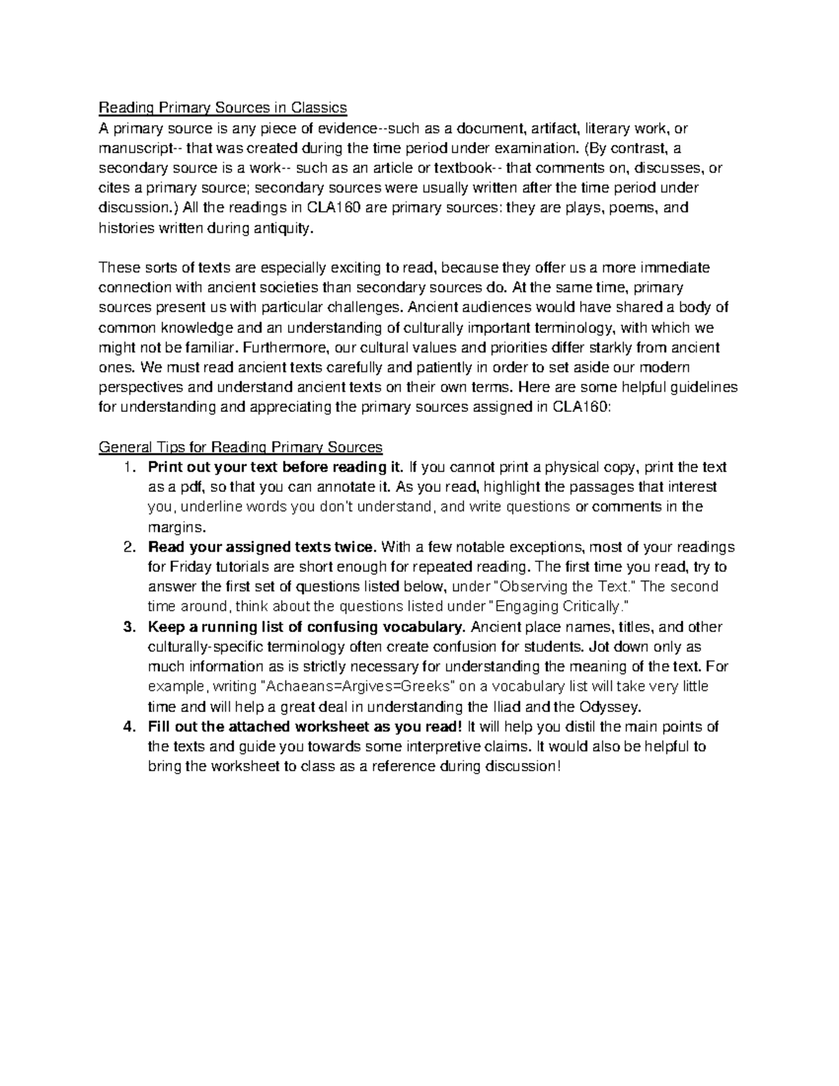 CLA160 Resource - Reading a Primary Source - Reading Primary Sources in ...