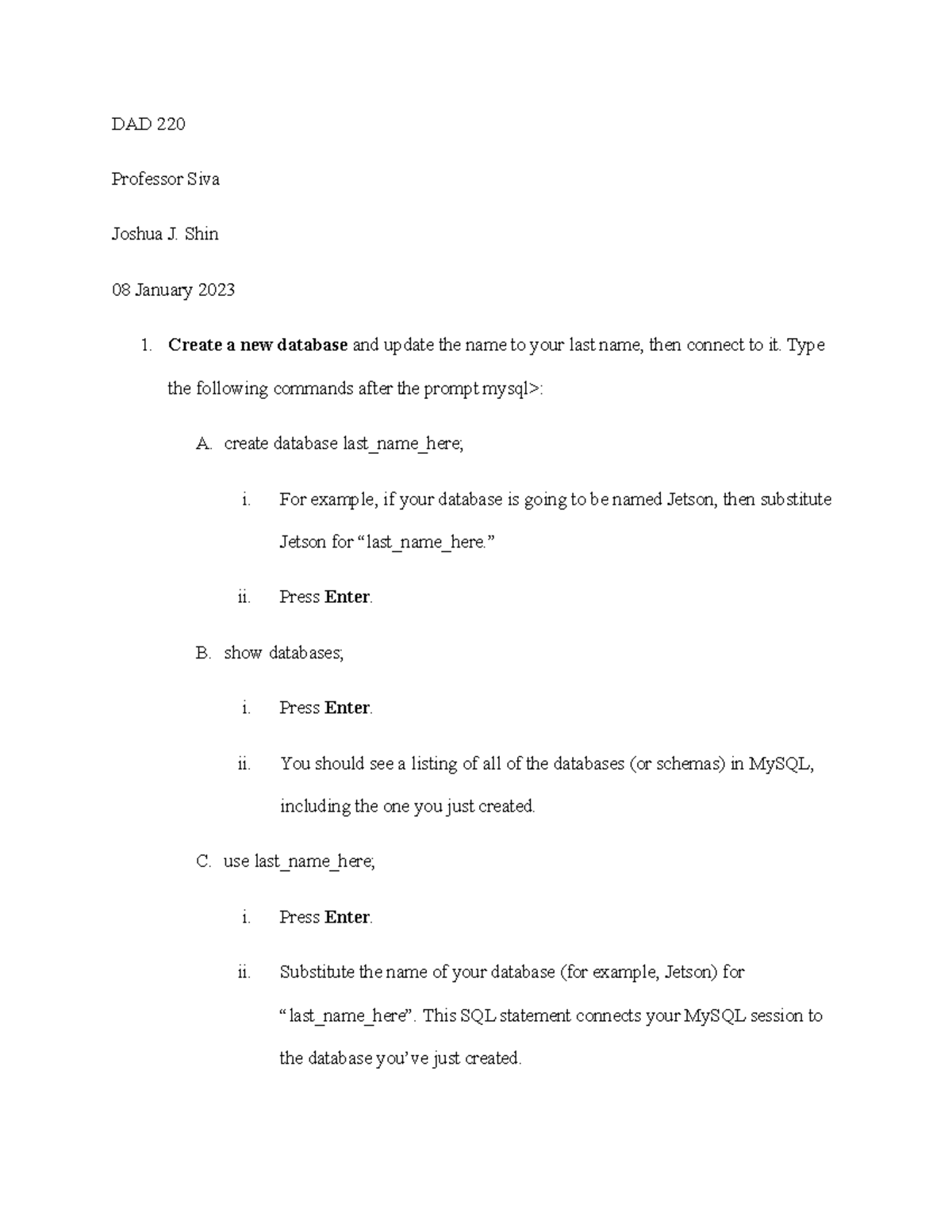 1-4 Lab - Lab - DAD 220 Professor Siva Joshua J. Shin 08 January 2023 1 ...