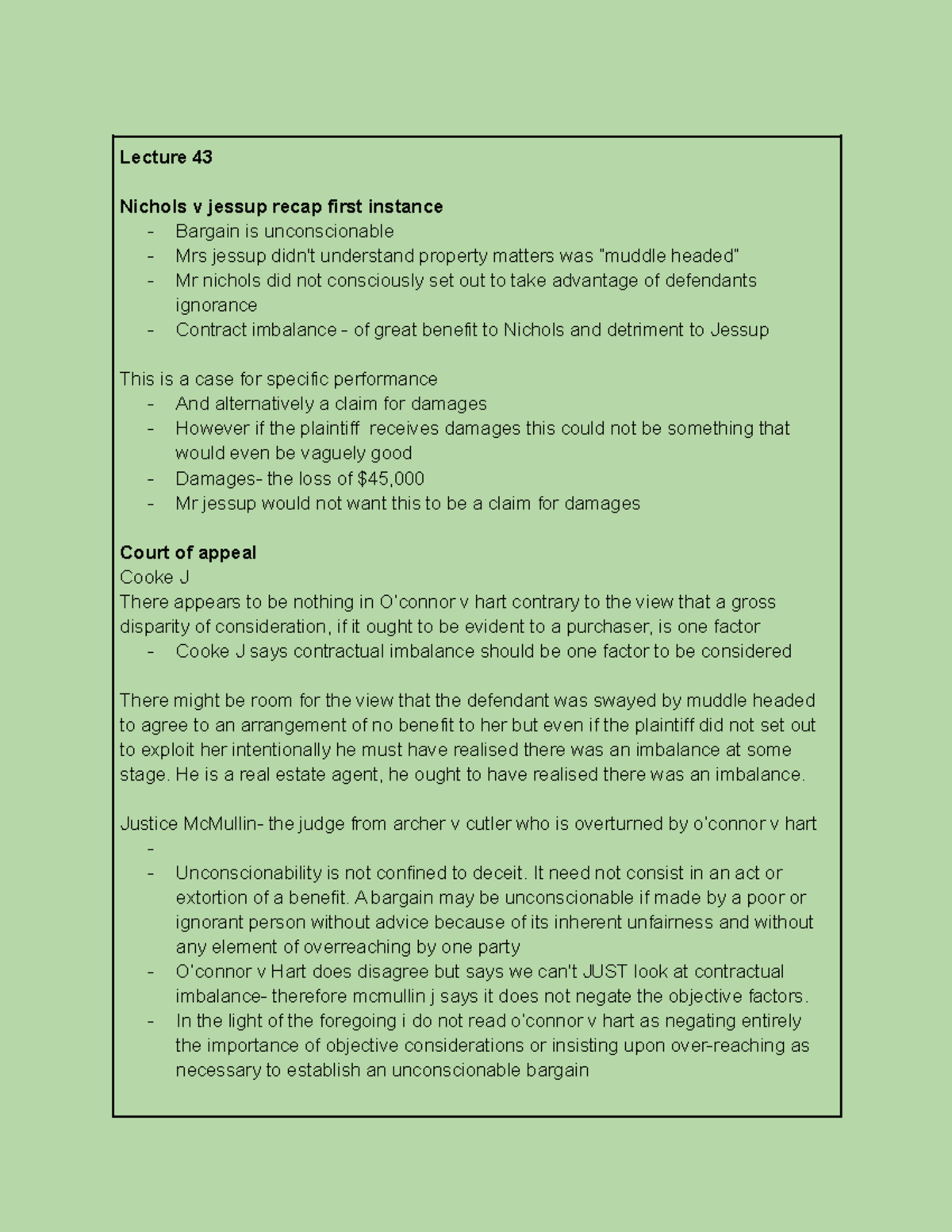 LAWS211-Lectures 43-53 - Lecture 43 Nichols v jessup recap first instance - Bargain is - Studocu