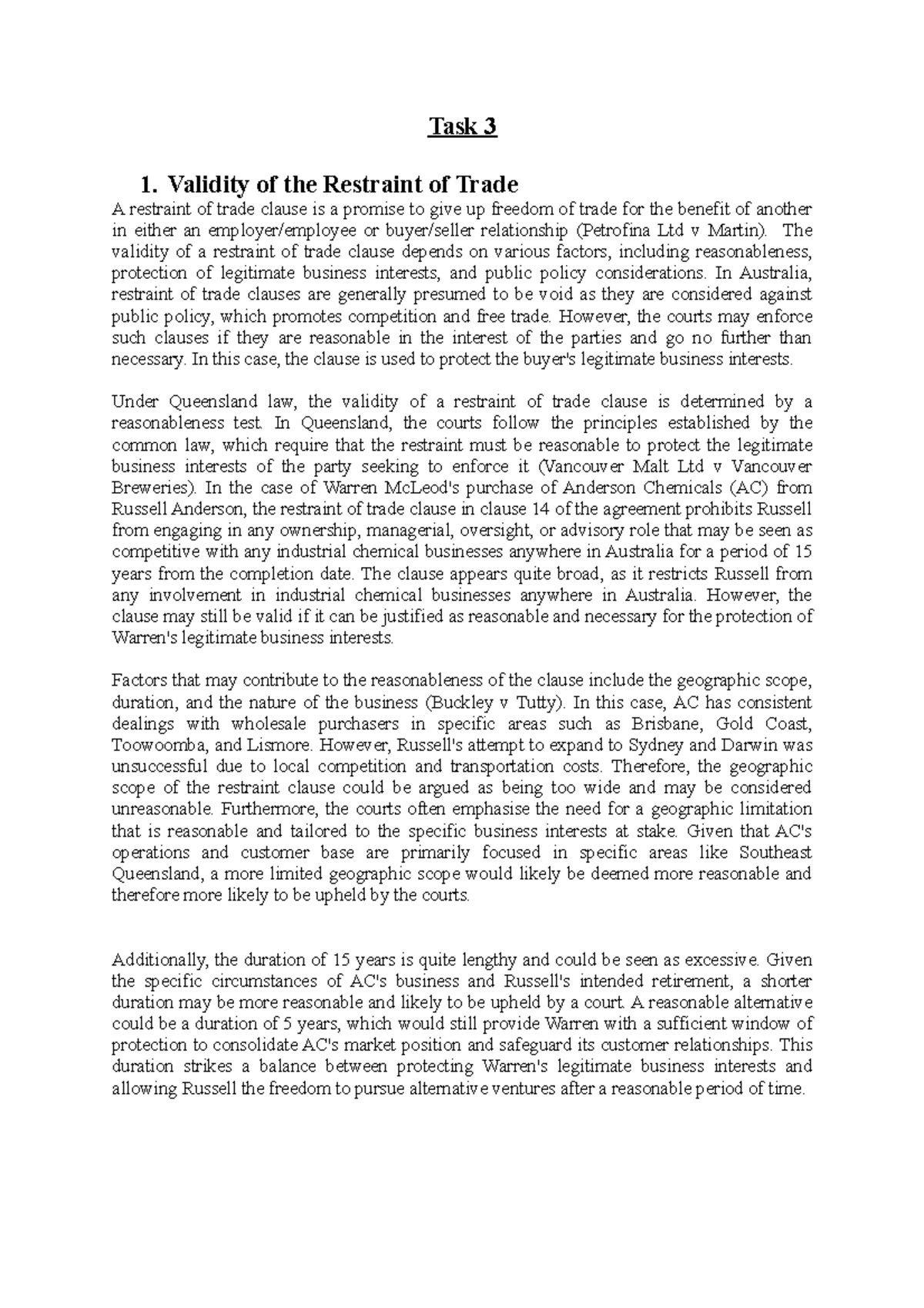 Assessment 1 Task 3 - Task 3 1. Validity of the Restraint of Trade A ...