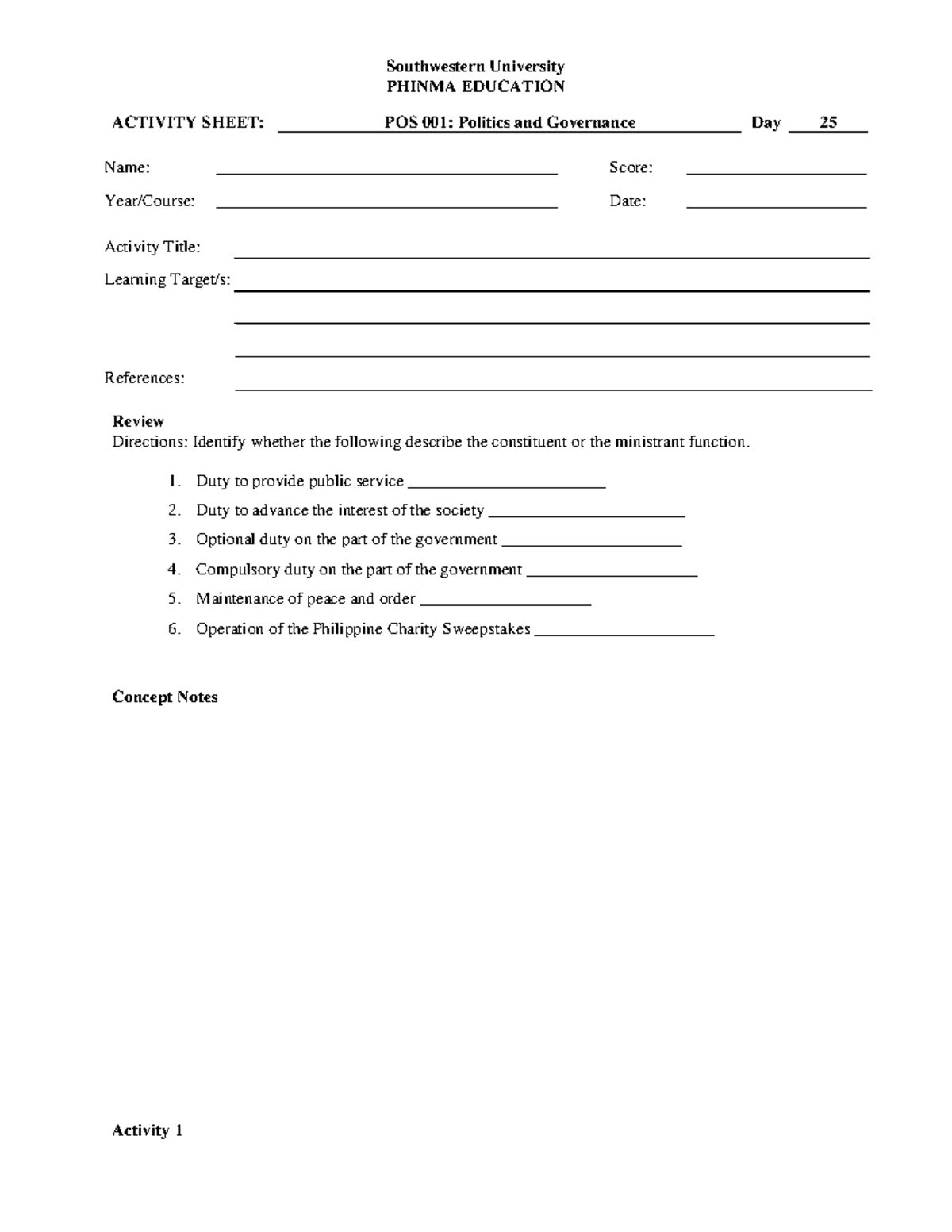 Politics day 25 - Economics - PHINMA EDUCATION ACTIVITY SHEET: POS 001 ...