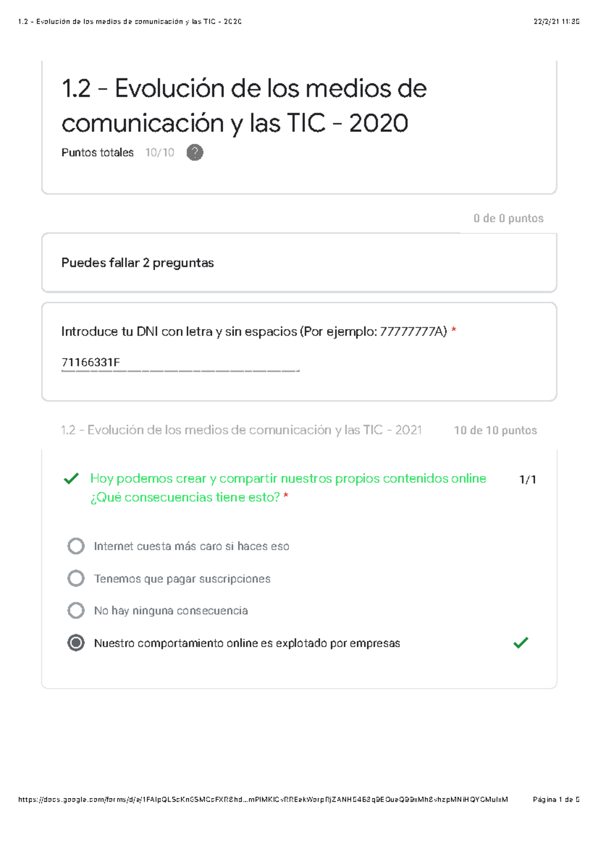 TEST 1.2 - Evolución de los medios de comunicación y las TIC - 2020 - 0 ...