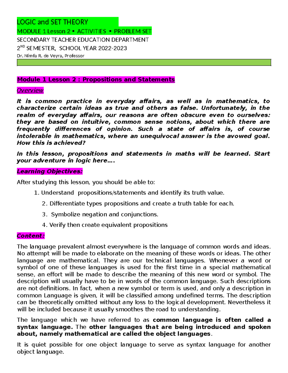 Module 1 Lesson 2 Autosaved - LOGIC and SET THEORY MODULE 1 Lesson 2 ...