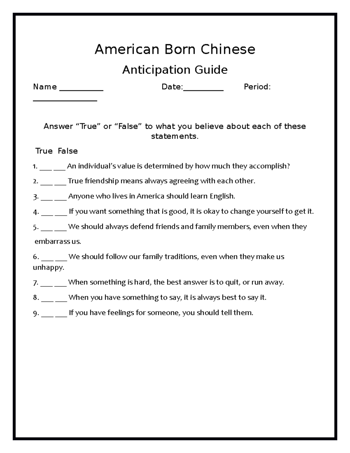 American Born Chinese AG - American Born Chinese Anticipation Guide ...