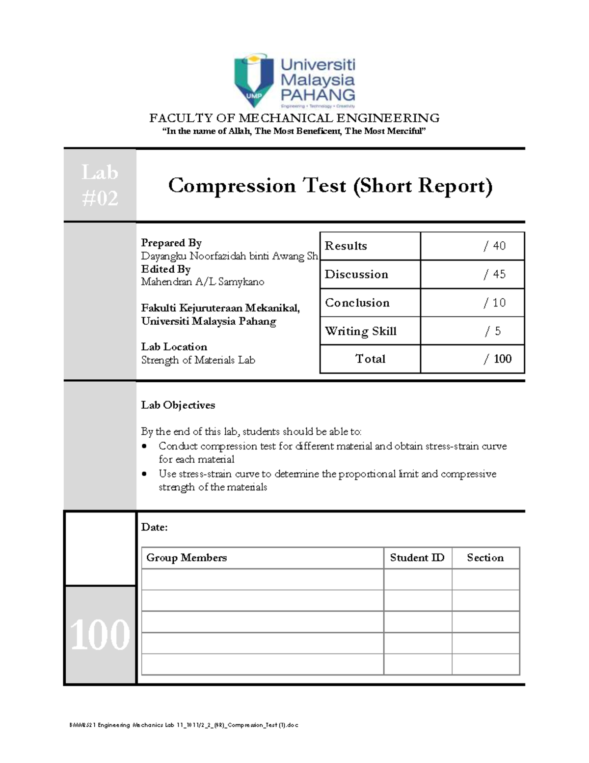 1. [Labsheet 2] Compression Test - FACULTY OF MECHANICAL ENGINEERING ...