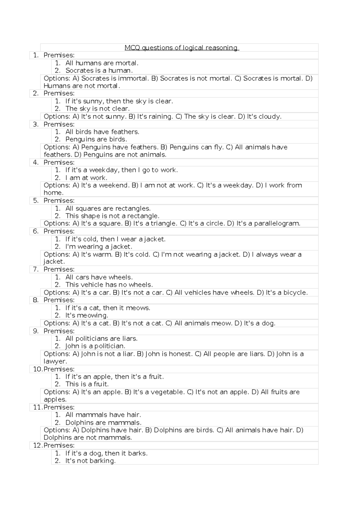 Question paper of logical reasoning - MCQ questions of logical ...