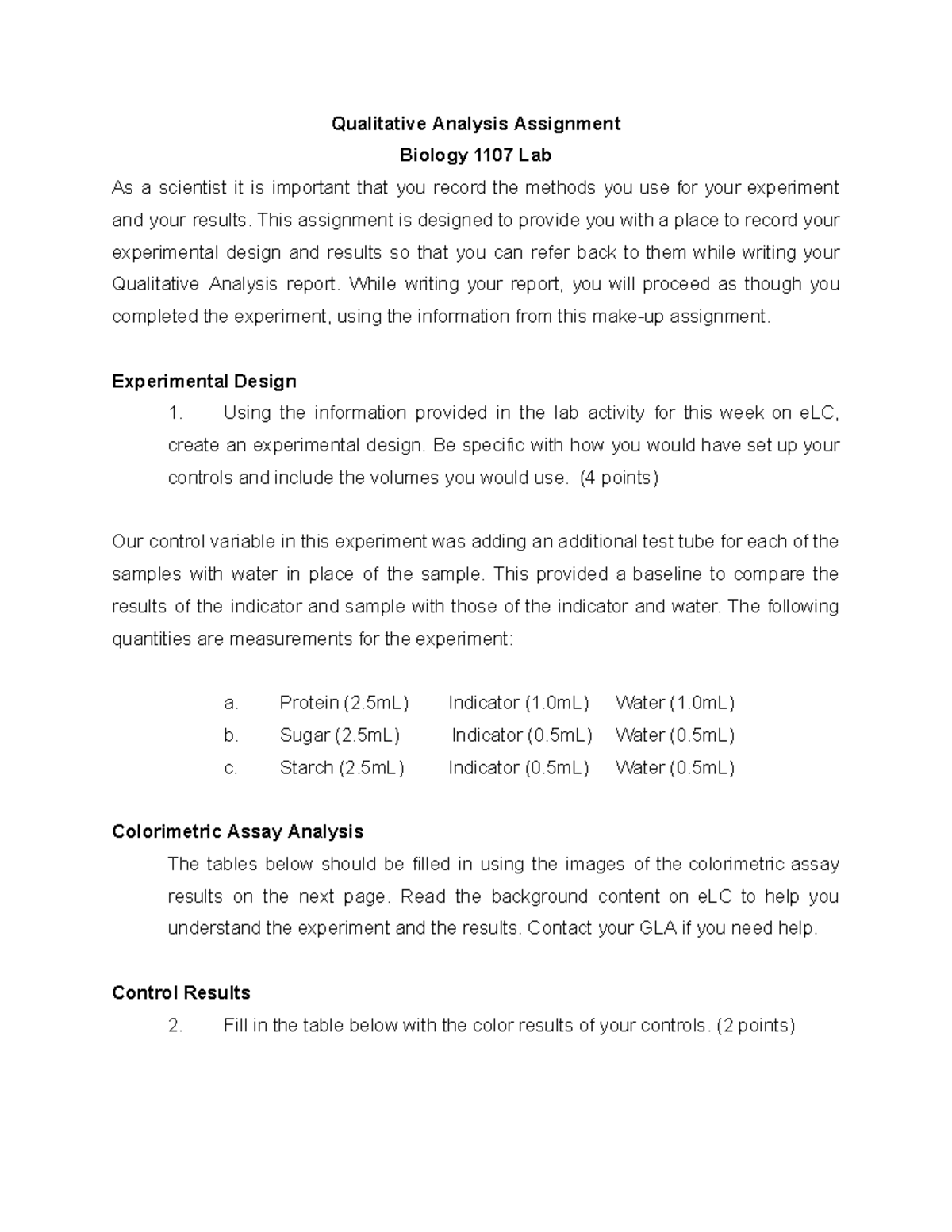 BIOL 1107L Qualitative Assignment - Qualitative Analysis Assignment ...