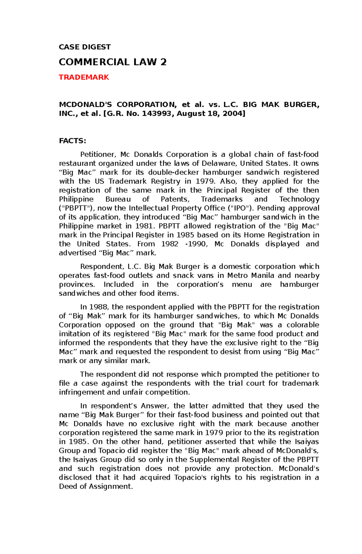 Comlaw 2 CASE Digest Trademark - CASE DIGEST COMMERCIAL LAW 2 TRADEMARK ...