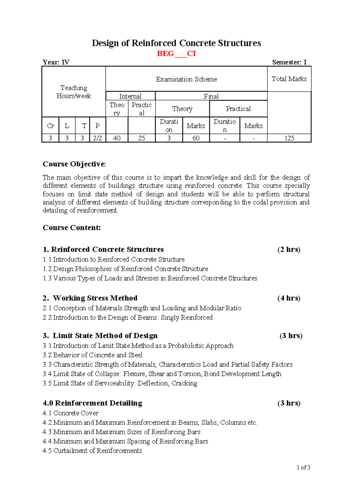 Design of Reinforced Concrete Structures - Syllabus - Design of ...