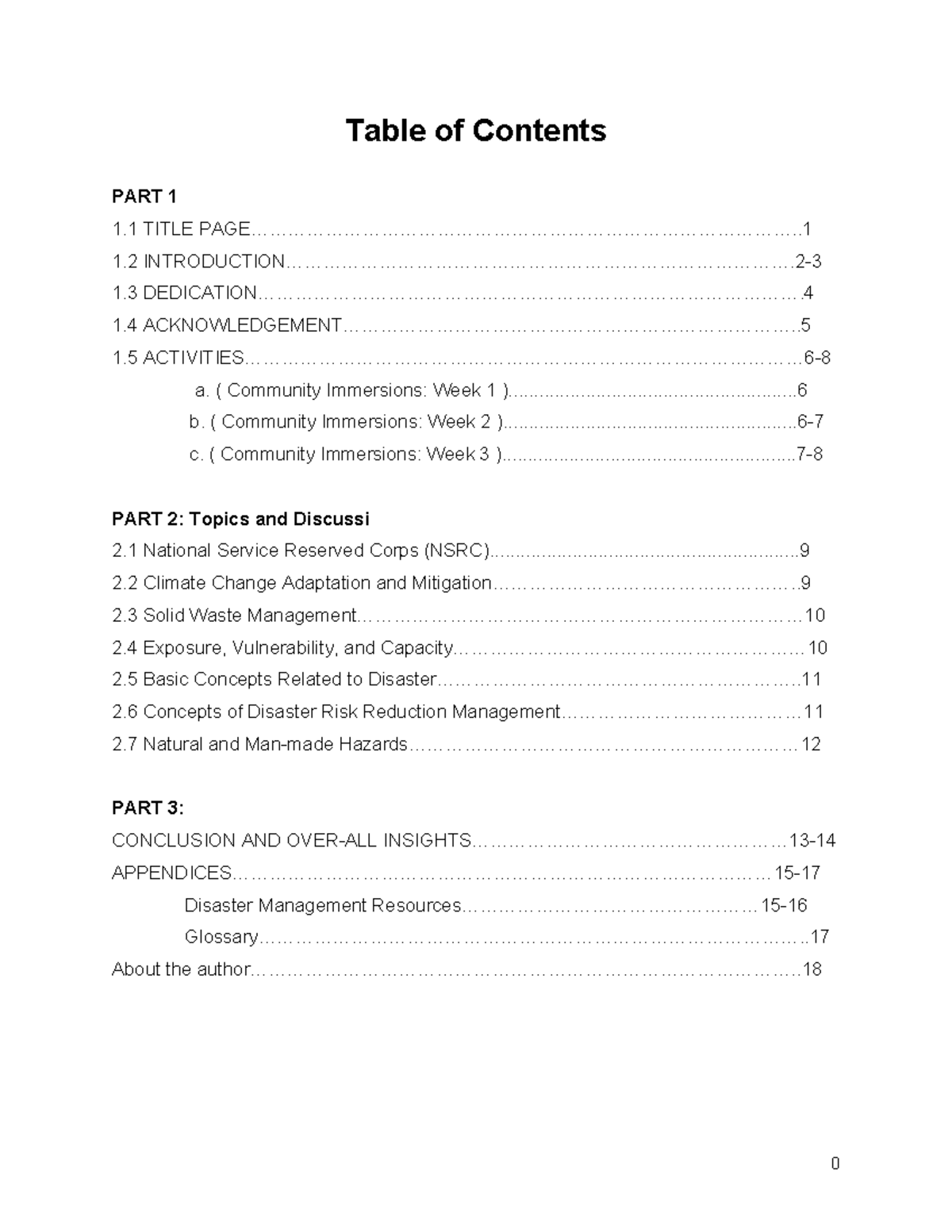Dakit Narrative Report - Table of Contents a. ( Community Immersions ...