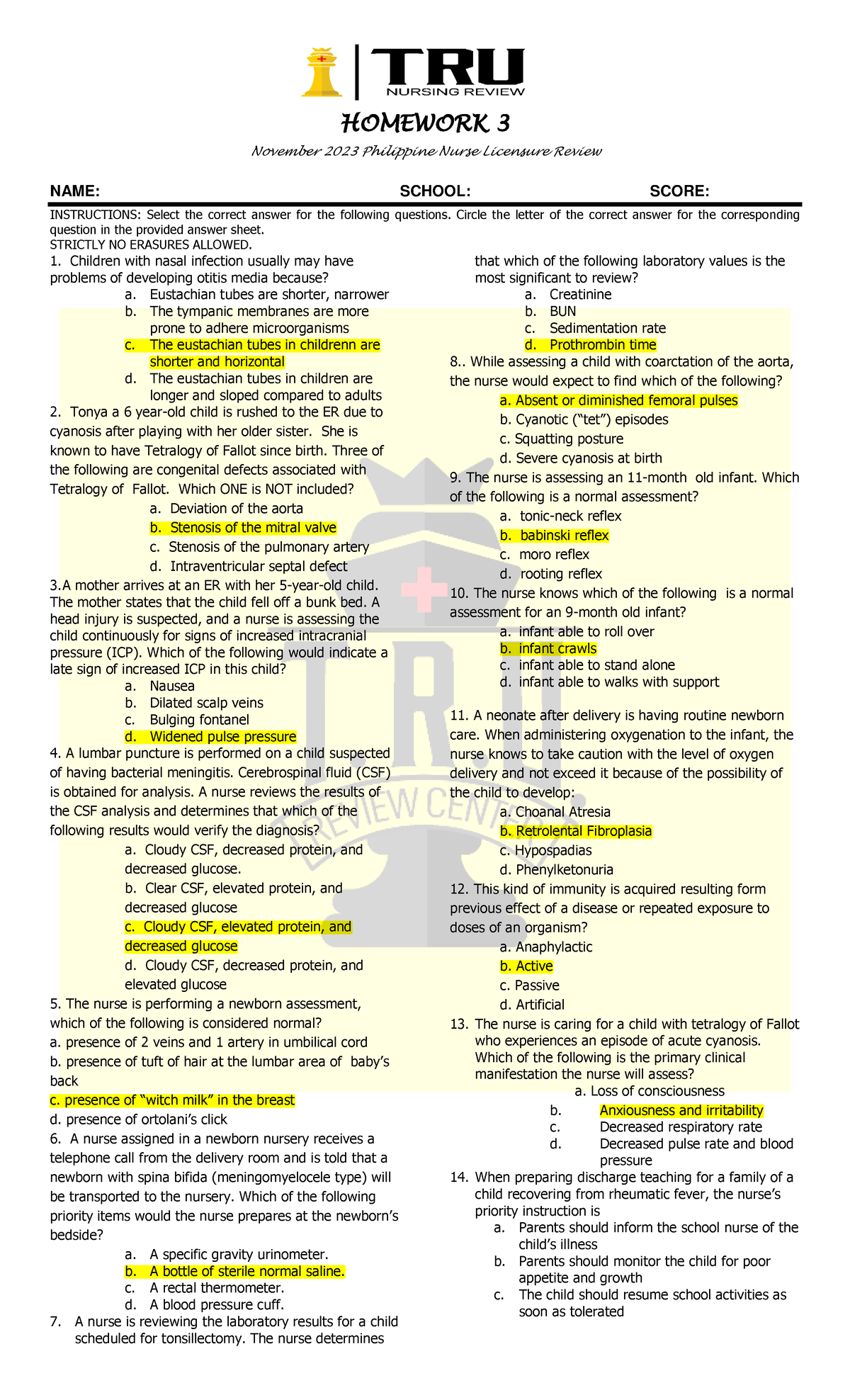 HOMEWORK 3 - PNLE Review - HOMEWORK 3 November 2023 Philippine Nurse Licensure Review NAME ...