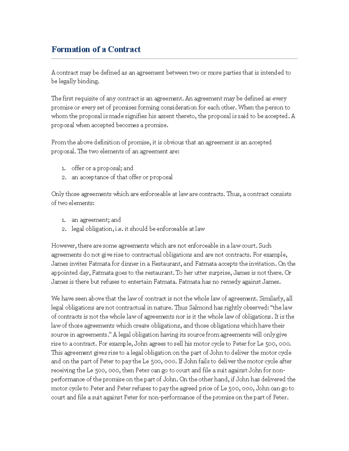 Contract Law Notes - Formation of a Contract A contract may be defined ...