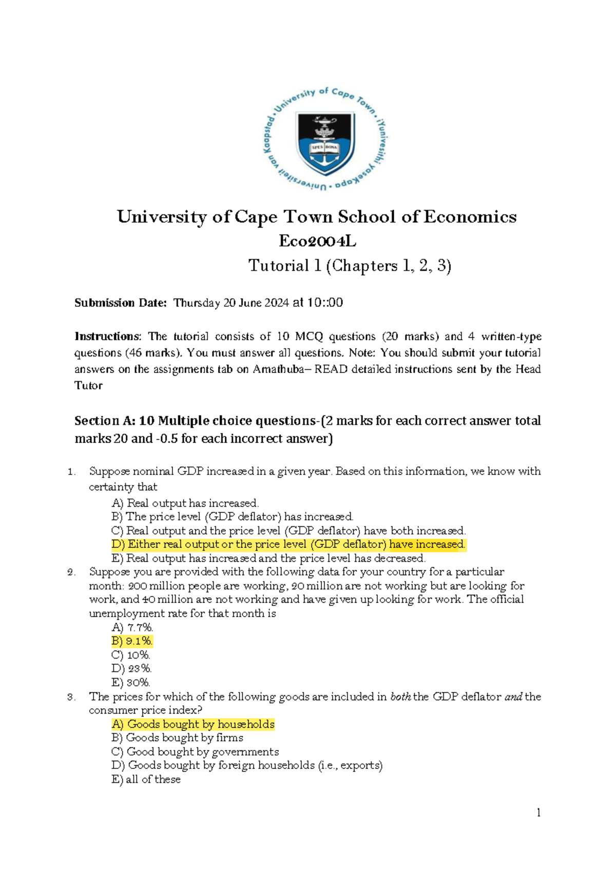 Tutorial 1 - University of Cape Town School of Economics Eco2004L ...