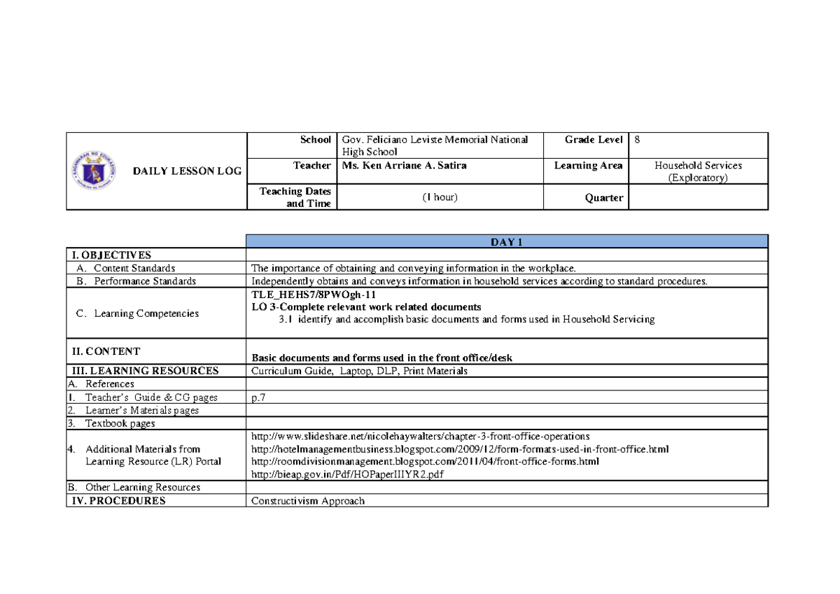 Household 7-day 1 - Cookery - DAILY LESSON LOG School Gov. Feliciano ...