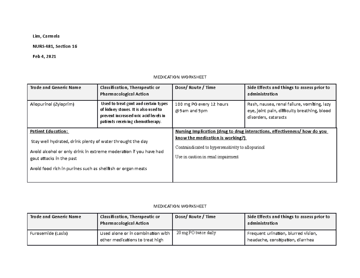 Med sheet 2 - Lim, Carmela NURS 481, Secion 16 Feb 4, 2021 MEDICATION ...
