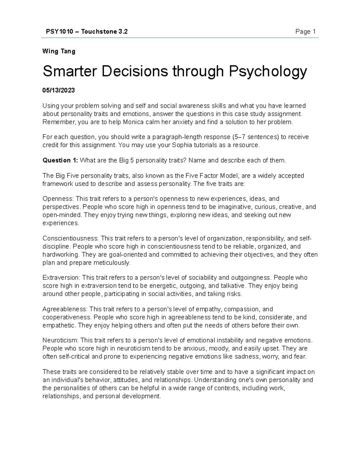 PSY1010 Case Study 2 Wing Tang - Wing Tang Smarter Decisions through ...