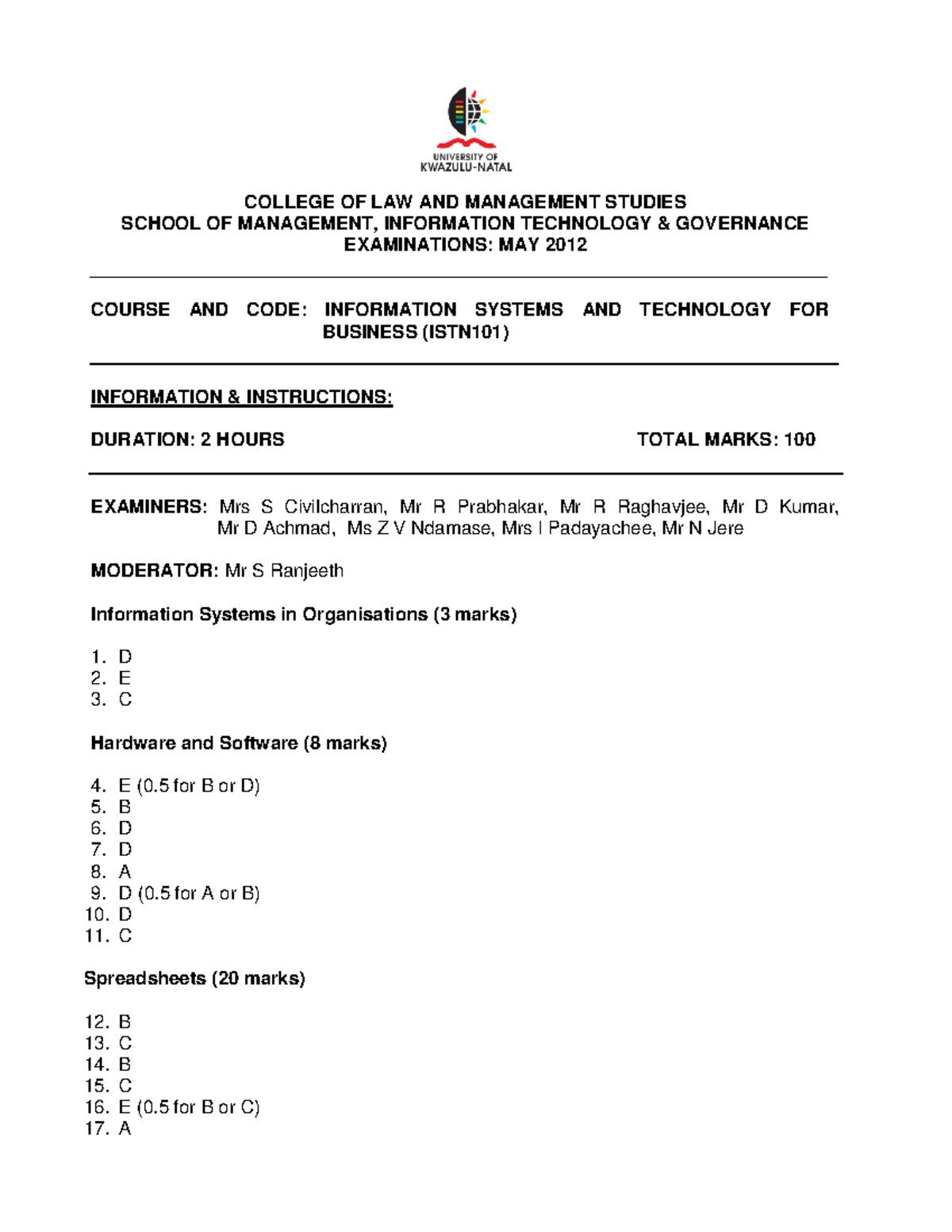 0 ISTN101 2012 Final Solution Only - COLLEGE OF LAW AND MANAGEMENT ...