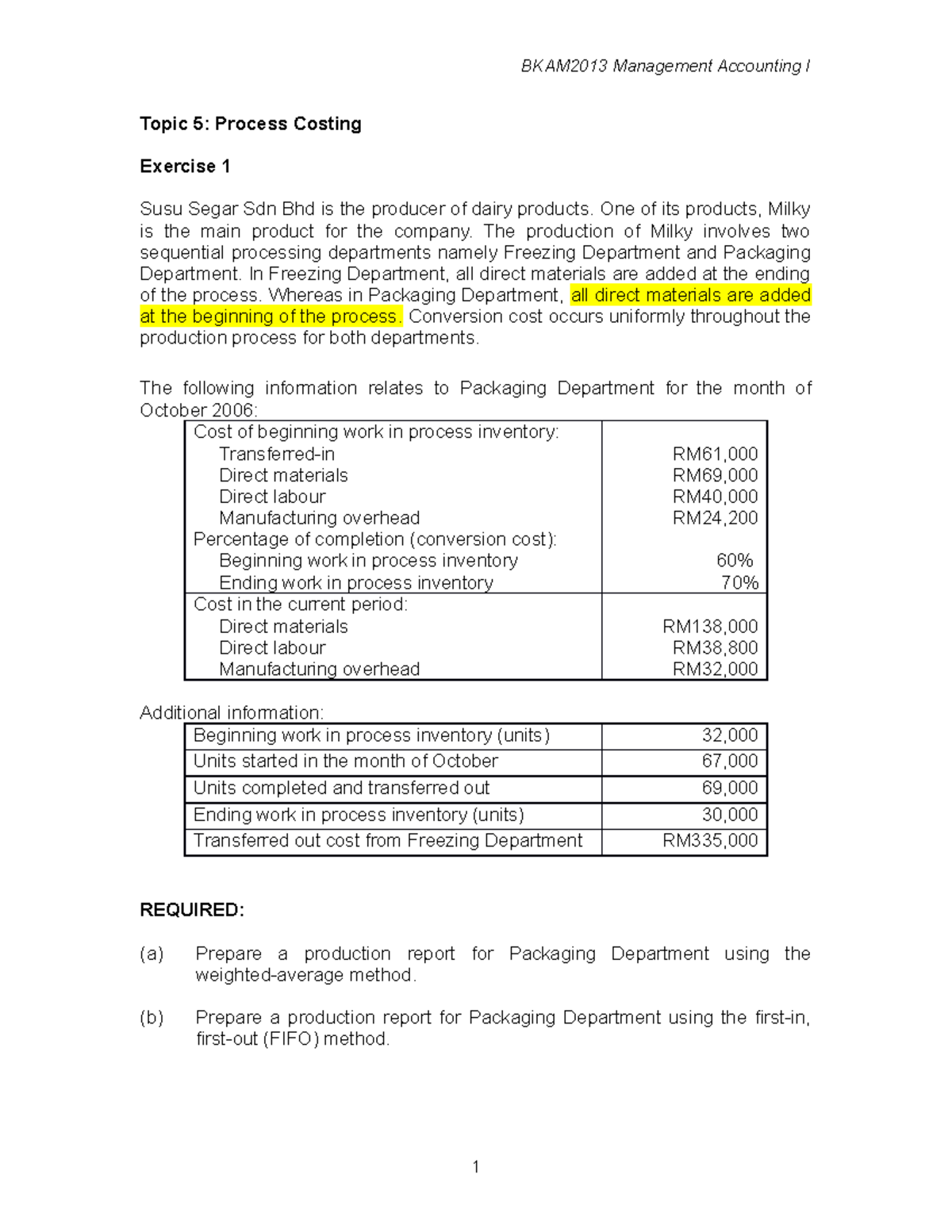 Exercise topic 5- Tutorial - BKAM2013 Management Accounting I Topic 5 ...