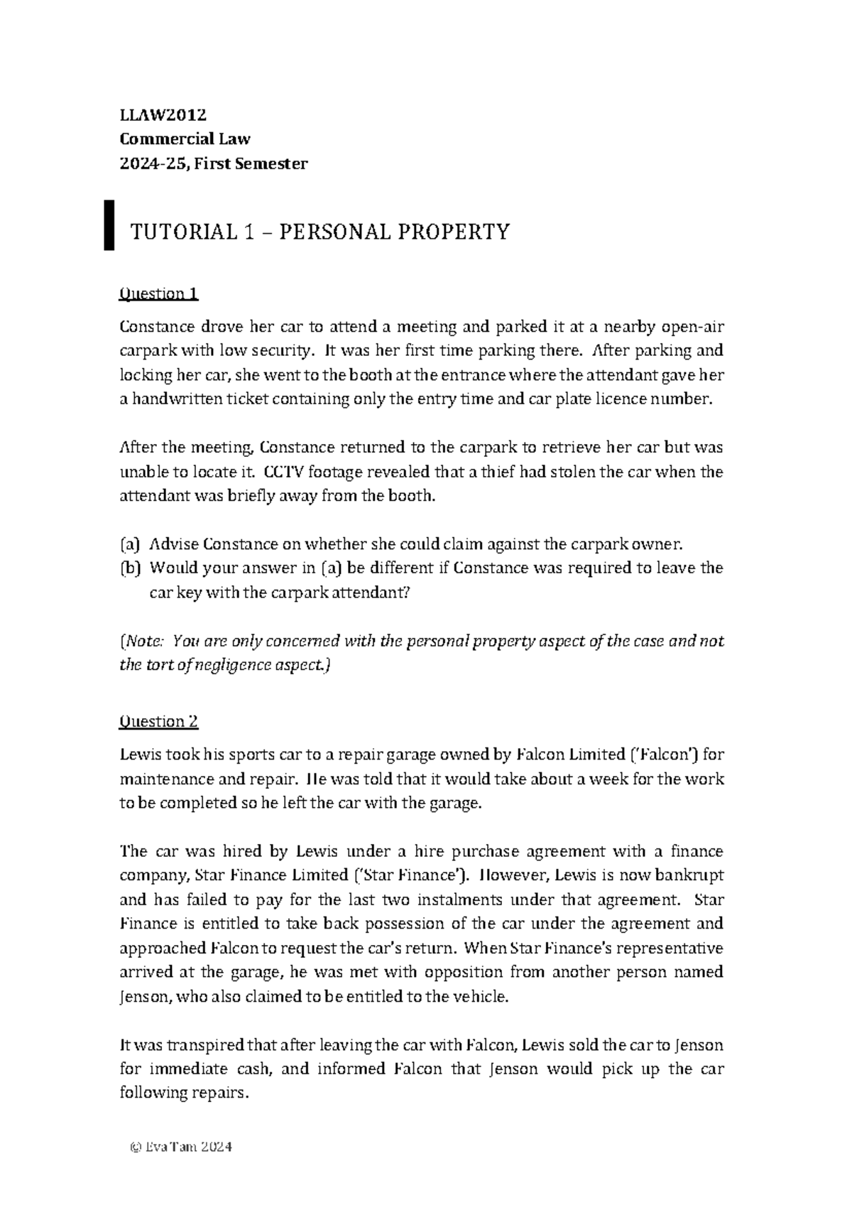 Commercial tutorial - © Eva Tam 202 4 LLAW Commercial Law 2024 - 25 ...