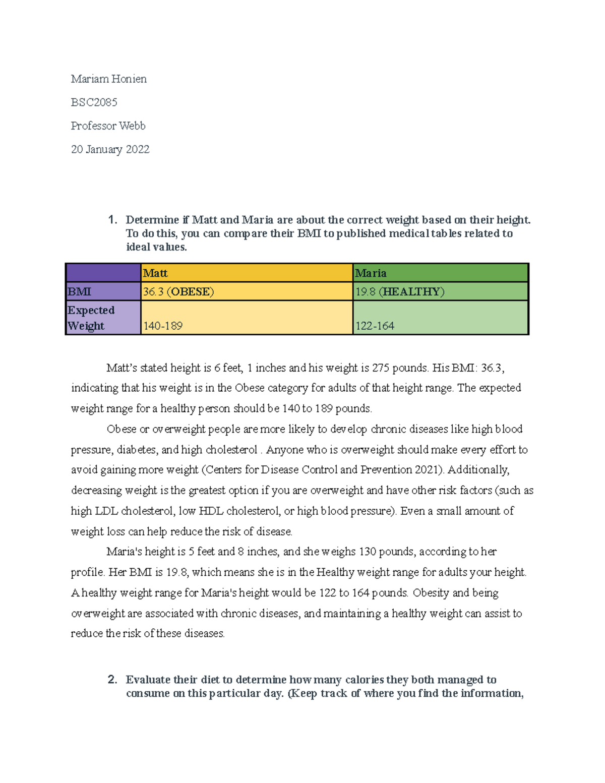 Assignment Unit 1 Report- BMI BSC2085 - Mariam Honien BSC Professor ...