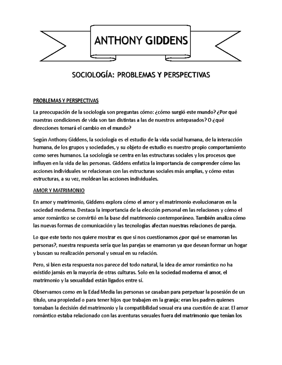 Resumen Sociologia DANI - ANTHONY GIDDENS SOCIOLOGÍA: PROBLEMAS Y PERSPECTIVAS PROBLEMAS Y - Studocu