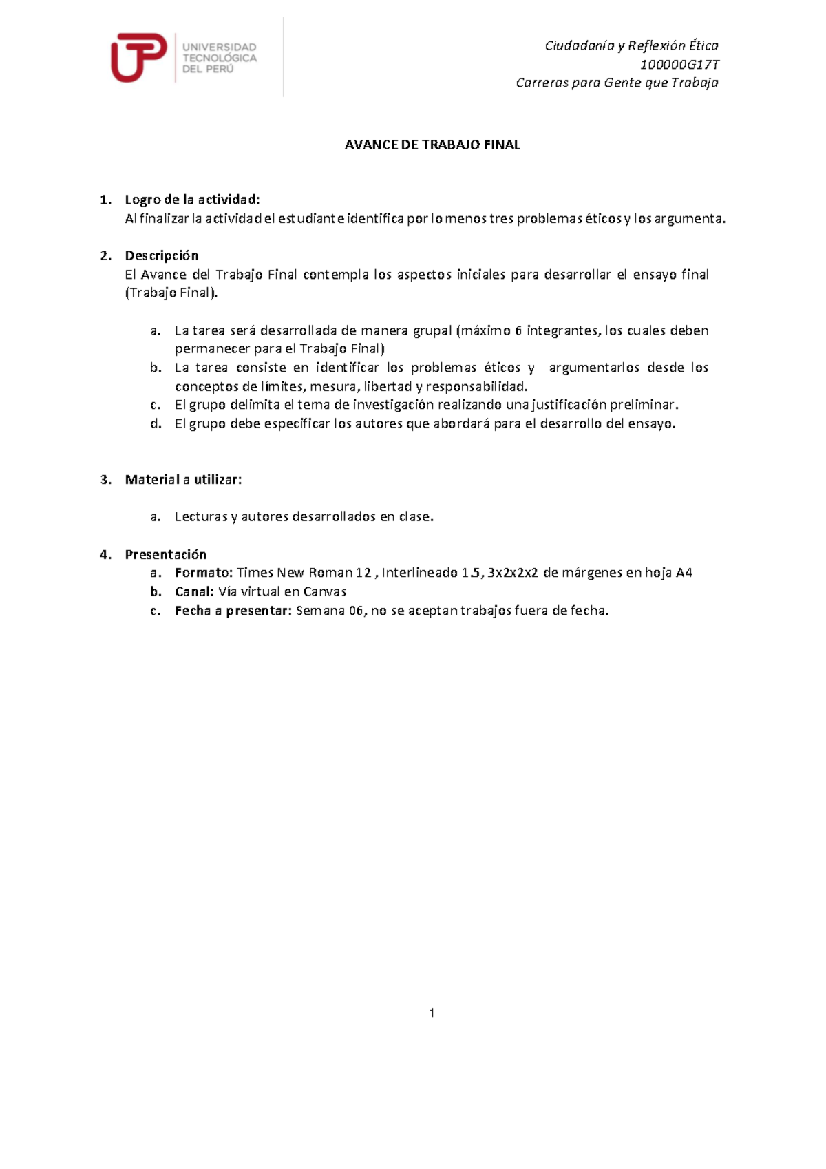 U2 S6 Indicaciones para avance de trabajo final - Ciudadanía y Reflexión Ética 100000G17T ...