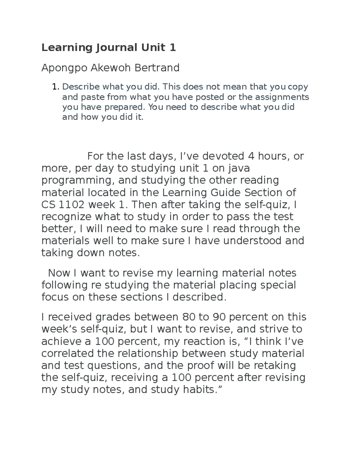 Learning Journal Unit 1 - This does not mean that you copy and paste ...