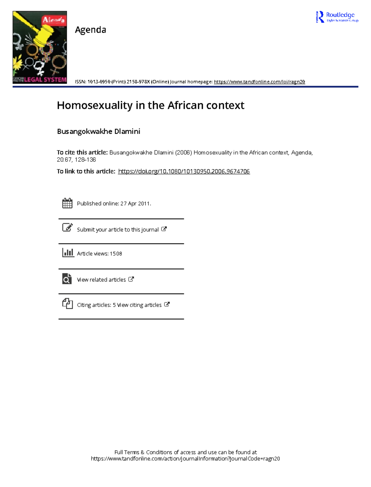 Dlamini Homosexuality In The African Context Full Terms And Conditions