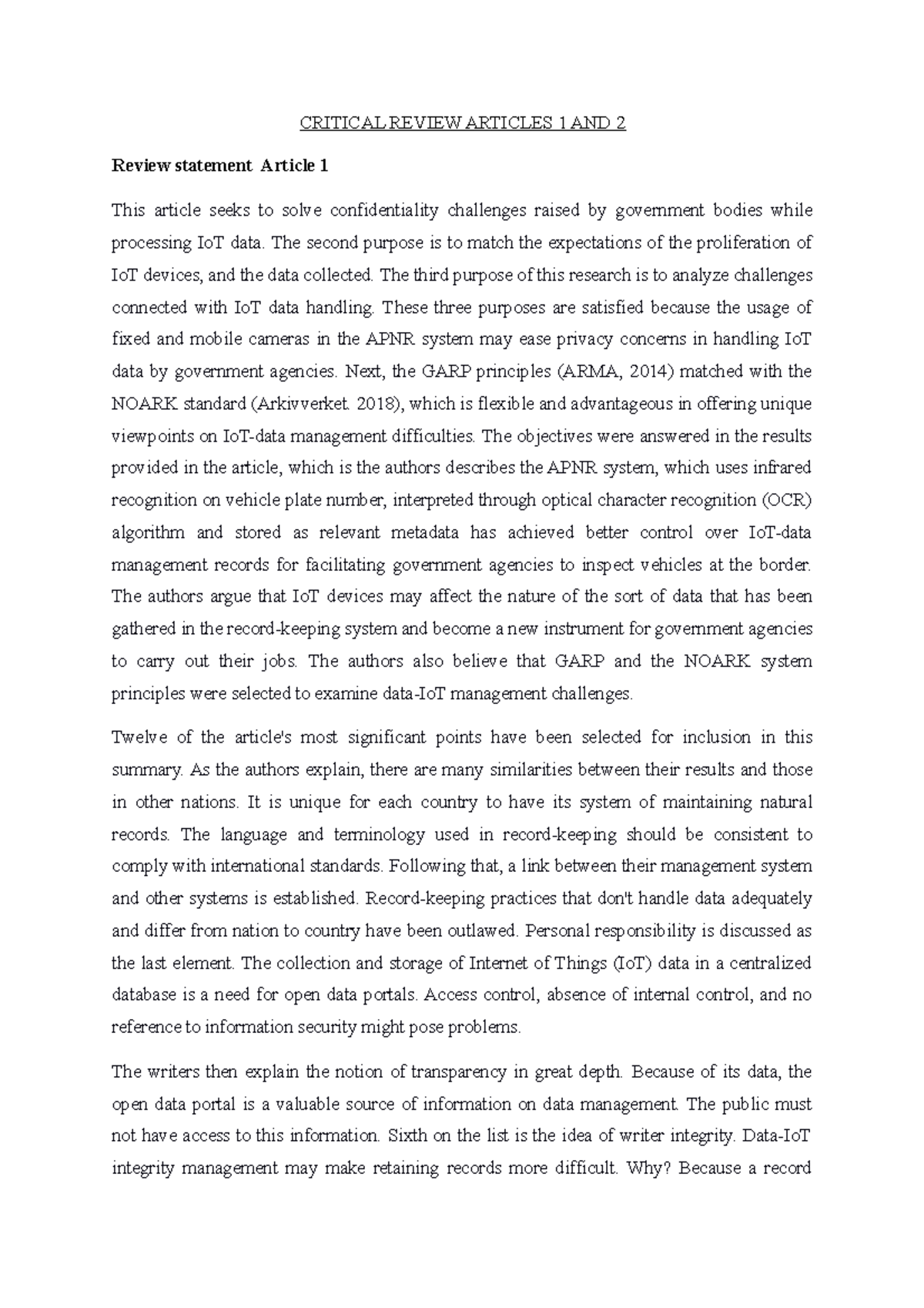 Critical Review Article 1 AND ARTICLE 2 - CRITICAL REVIEW ARTICLES 1 ...