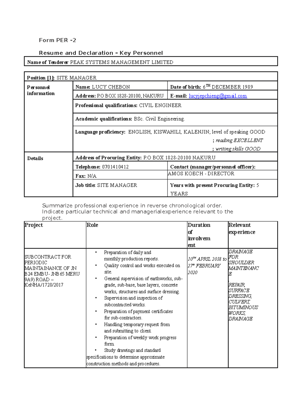 SITE Manager - LEARNING TO GAIN SKILLS - Form PER - Resume and ...