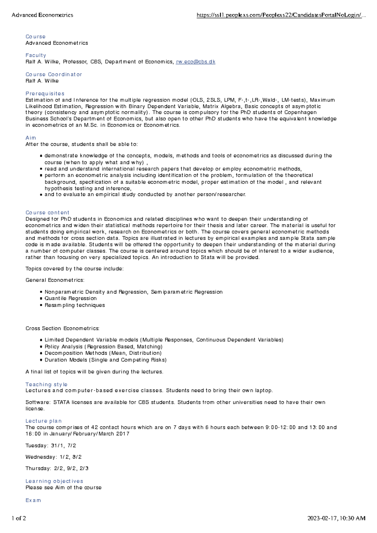 Advanced Econometrics Co U R Se Advanced Econom Et Rics Fa Cu L T Y