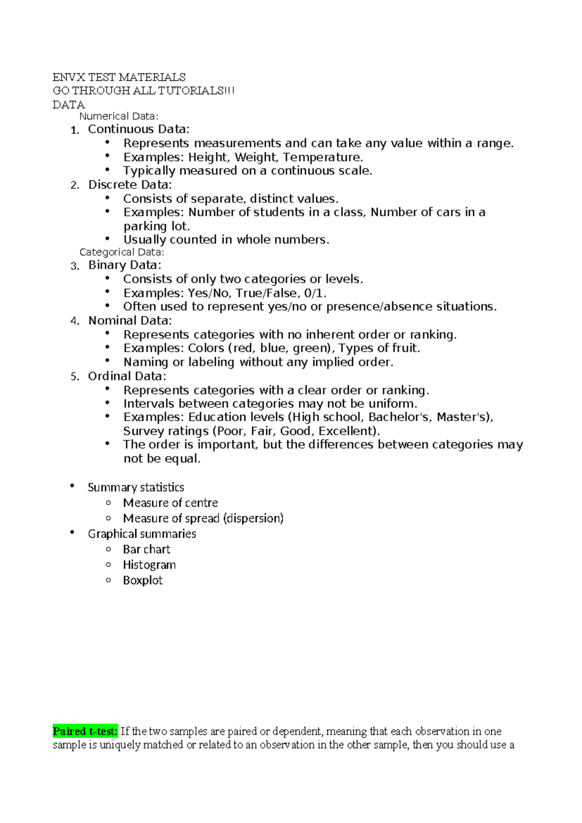 Envx Test Material Summary Introduction To Statistical Methods Envx Test Materials Go