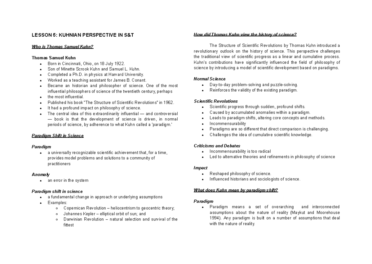 STS Final EXAM Reviewer - LESSON 5: KUHNIAN PERSPECTIVE IN S&T Who is ...