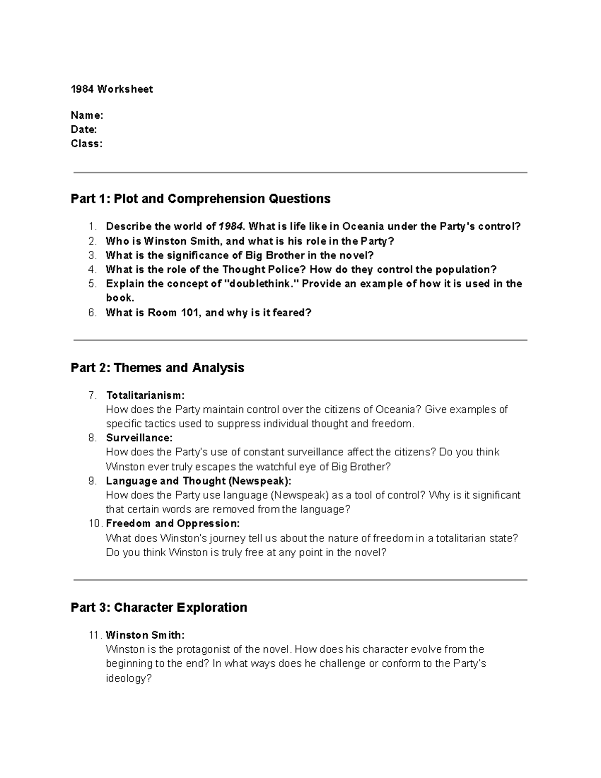 1984 Worksheet - 1984 - 1984 Worksheet Name: Date: Class: Part 1: Plot ...