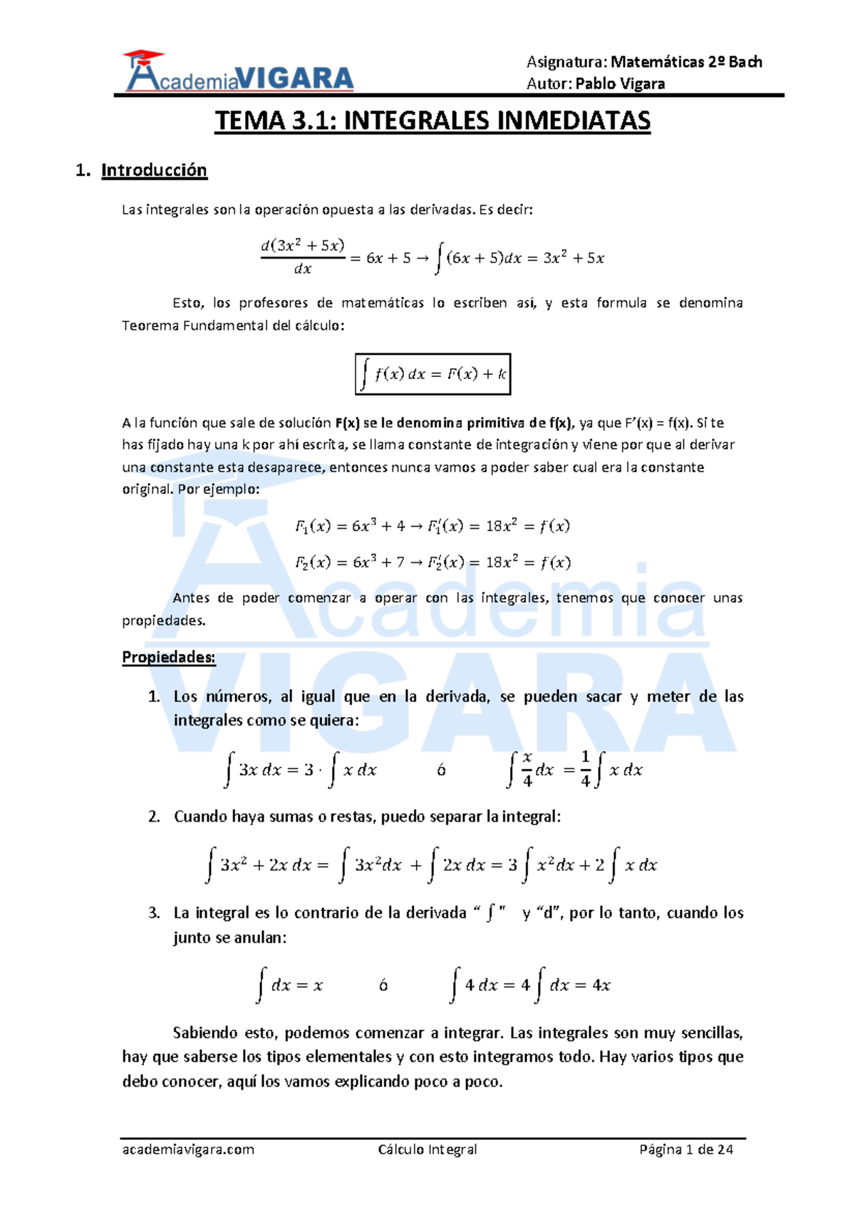 3.1-Integrales Inmediatas - Autor: Pablo Vigara TEMA 3: INTEGRALES INMEDIATAS 1. Introducción ...