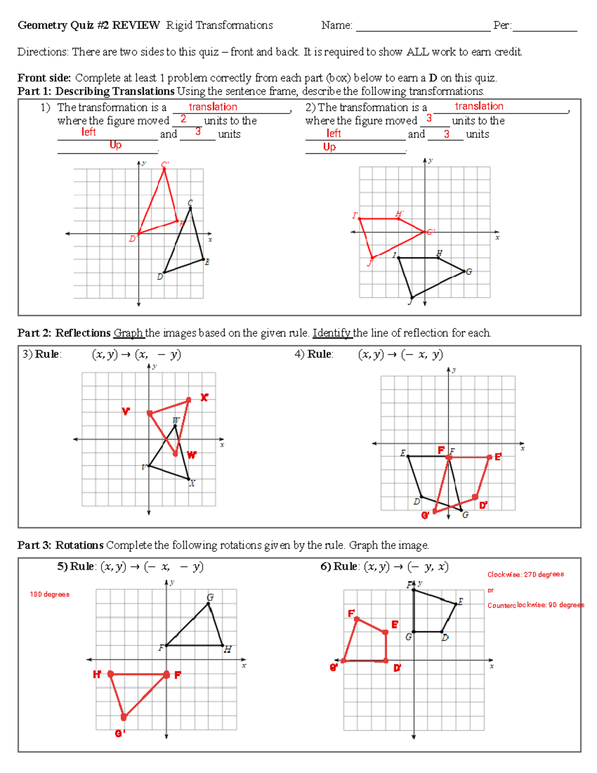 Solutions Quiz #2 Review Rigid Transformations - Geometry Quiz #2 ...