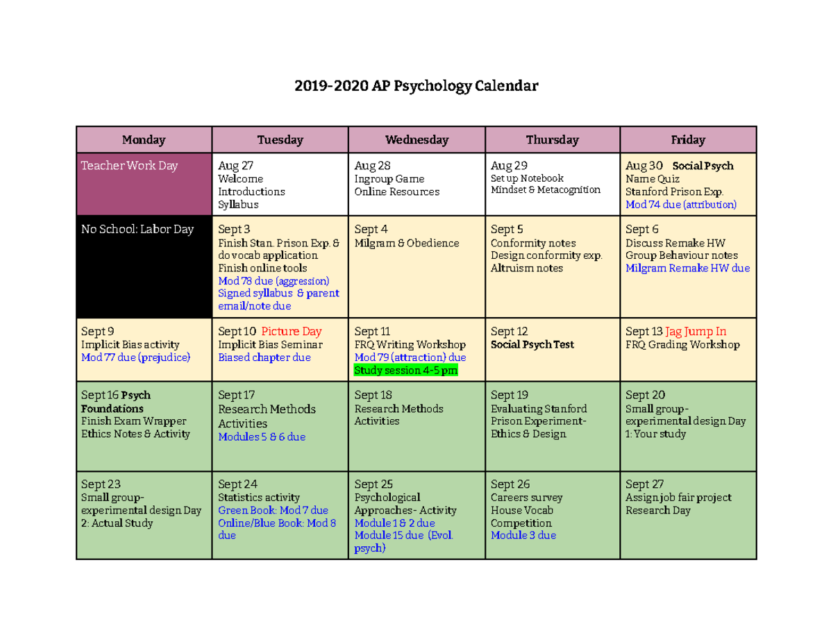AP Psych 19-20 Calendar - 2019-2020 AP Psychology Calendar 1st Quarter ...